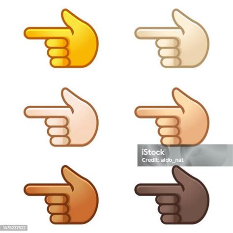 다른 분위기의 이모티콘 감성적인 검지 손가락 가리키는 왼쪽 이모티콘 다양한 피부 톤의 손 세트귀여운 만화 양식화된 벡터 만화 일러스트 아이콘 흰색 배경에 격리 가리키기에