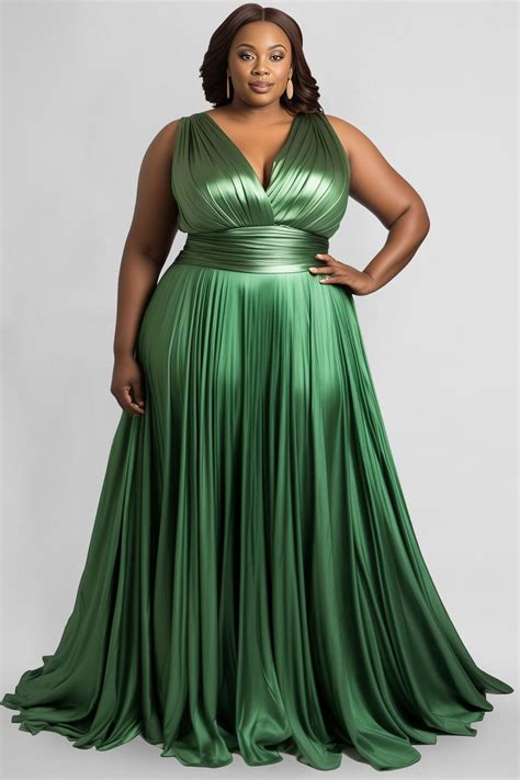 Xpluswear Design Plus Size Evening Gown Green V Neck Satin Maxi Dresses