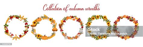 호박 밀 열매 버섯 가을 단풍으로 가을 화환을 놓고 텍스트를위한 공간을 마련하십시오 벡터 일러스트 레이 션 고립 된 흰색 배경 가을에 대한 스톡 벡터 아트 및 기타 이미지