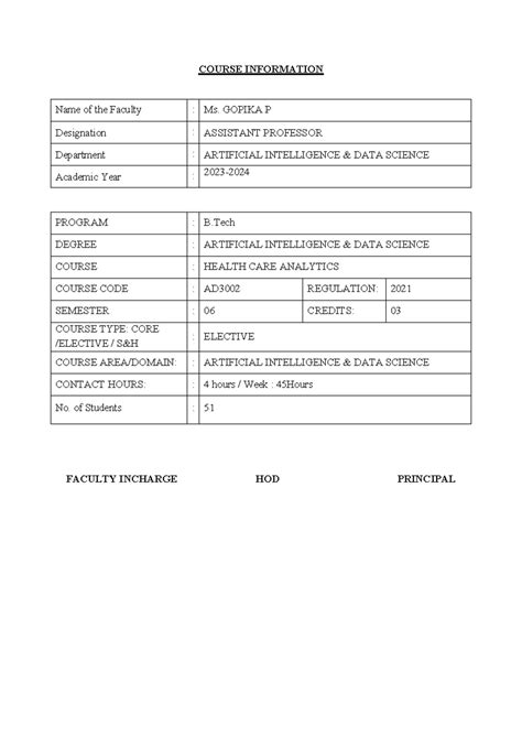 Hca Health Care Analytics Course Information Name Of The Faculty