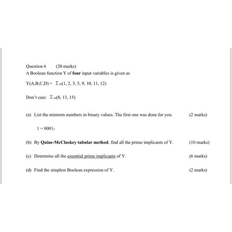 solved question 6 20 ﻿marks a boolean function y ﻿of four
