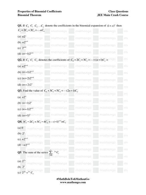 optional properties of binomial coefficients binomial theorem