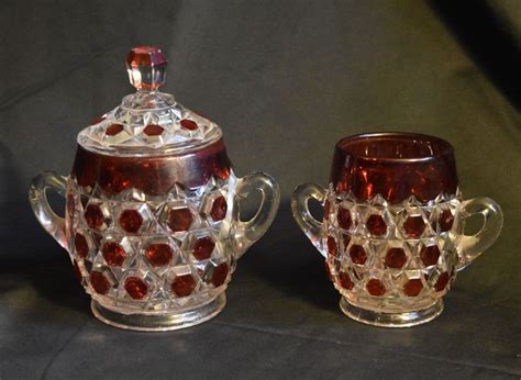 Antique Ruby Stained Glass Sugar Bowl With Lid And Spooner