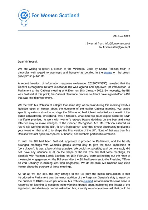 Ministerial Code Of Conduct Complaint For Women Scotland