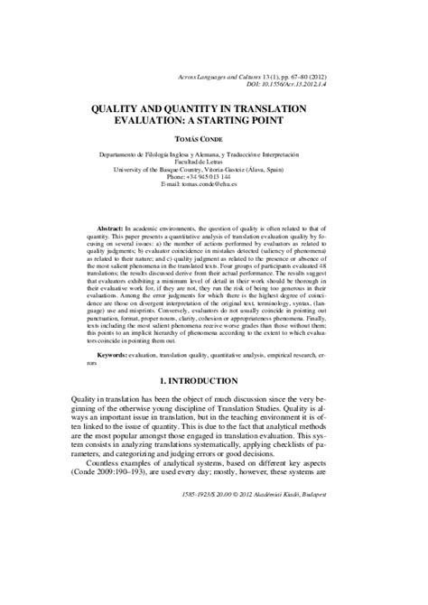 Pdf Quality And Quantity In Translation Evaluation A Starting Point