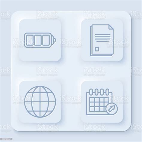 세트 라인 배터리 충전 수준 표시기 파일 문서 지구 지구 및 달력을 설정합니다 흰색 정사각형 버튼 벡터 계기판 측정기에 대한 스톡 벡터 아트 및 기타 이미지 Istock