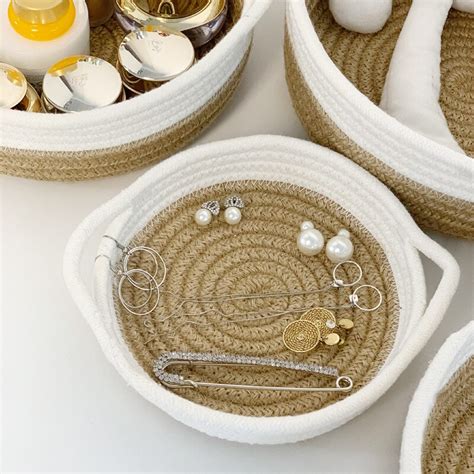 Badu Bg Кръгли малки плетени кошници 100 естествени памучни въжени кошници с дръжка за