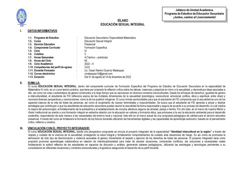 Sílabo Educación Sexuaal Integral Matemática Iv SÍlabo EducaciÓn