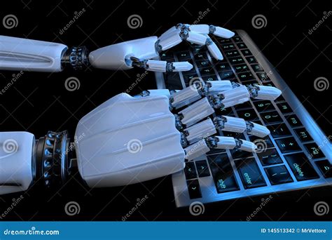Ai Learning Concept Robot Hands Typing On Keyboard Keypad Robotic Arm