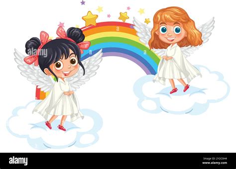 Two Angels Standing On Clouds With Rainbow Stock Vector Image And Art Alamy