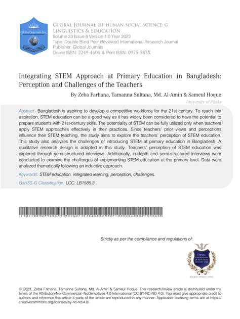 Pdf Integrating Stem Approach At Primary Education In Bangladesh Perception And Challenges Of