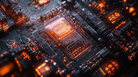 High Tech Cpu On Circuit Board Glowing Components Stock Image Image