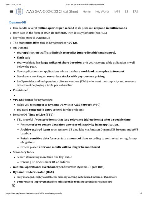 Aws Saa C02 C03 Cheat Sheet Dynamodb Pdf