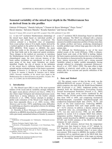 2005 Dortenzio Et Al Seasonal Variability Of The Mixed Layer Depth In The Mediterranean