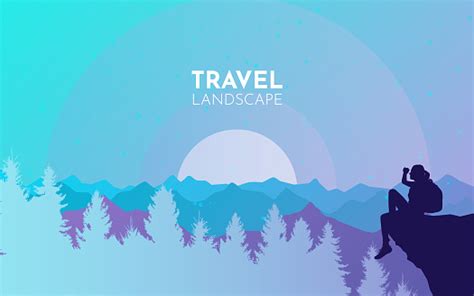 산 의 가장자리에 앉아 여자 자연을 발견하고 탐험하고 관찰하는 여행 개념 하이킹 관광 모험 미니멀 한 그래픽 전단지 다각형 플랫 디자인 벡터 일러스트레이션 경관에 대한 스톡