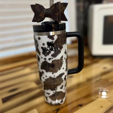 Custom Cow Hide Authentic Stanley Tumbler Epoxy Glitter Black Cow