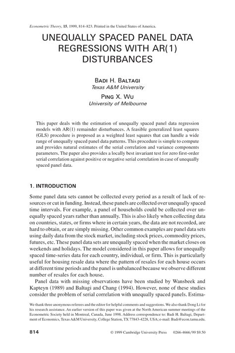 pdf unequally spaced panel data regressions with ar 1 disturbances