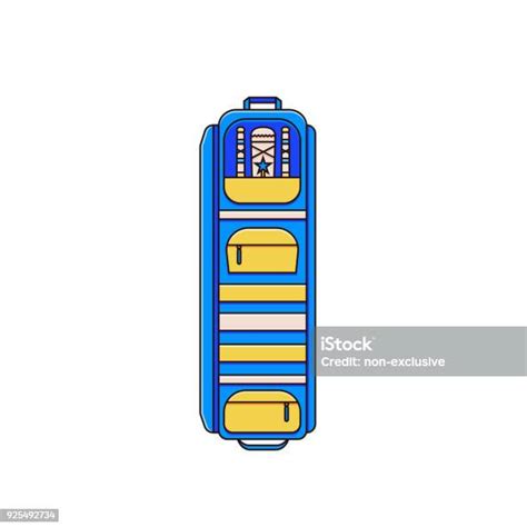 야구 또는 소프트볼 그것플랫 컬러 라인 벡터 일러스트 레이 션으로 박쥐와 함께 가방을 엽니다 스포츠 배낭 또는 주머니와 격리 된 배경에 족제비 장비 Kitbag 가방에 대한