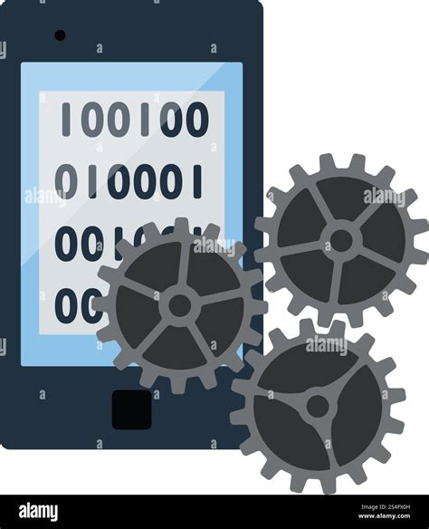 Mobile Development Icon Smartphone With Binary Code And Gears In Front Flat Color Design Data