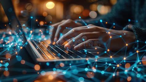 Close Up Of Hands Typing On A Laptop Keyboard Illuminated By Futuristic
