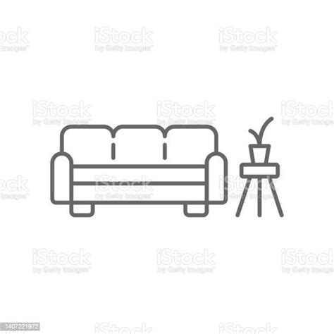 식물 라인 아이콘이있는 소파와 커피 테이블 모바일 개념 및 웹 디자인을위한 선형 스타일 기호 대기실 내부 윤곽선 벡터 아이콘입니다 기호 로고 일러스트레이션 벡터 그래픽 0