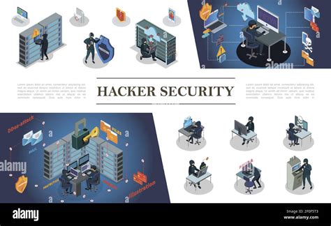 Isometric Hacking Activity Composition With Hackers Committing Different Internet And Cyber