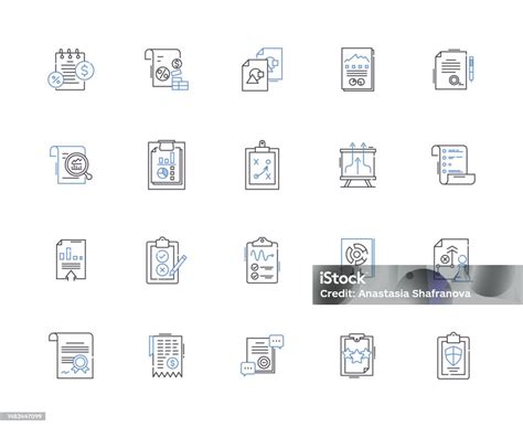 문서 개요 아이콘 모음입니다 파일 기록 서류 양식 인증서 계약서 편지 벡터 및 일러스트레이션 개념 세트 메모 보고서 사양 선형 기호 거래 내역서에 대한 스톡 벡터 아트 및