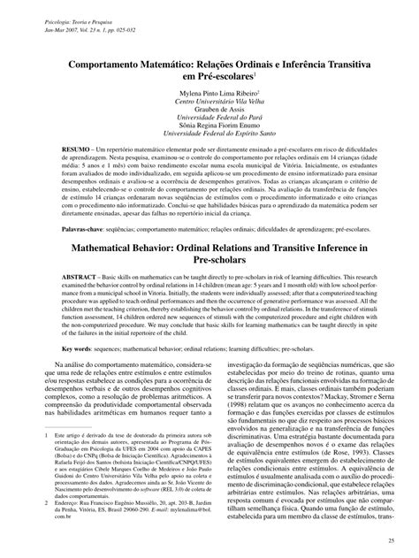 Pdf Mathematical Behavior Ordinal Relations And Transitive Inference In Pre Scholars