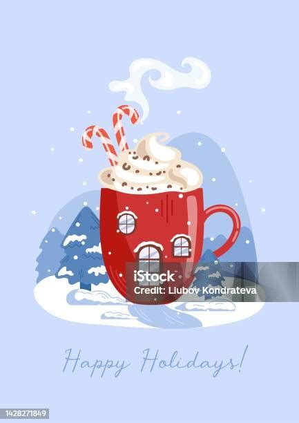 즐거운 휴일 보내세요 빨간 머그잔 형태의 집 핫 초콜릿 또는 커피 코코아 및 휘핑 크림 사탕 지팡이 겨울 숲 눈 속의 전나무 나무 포스터 엽서 배너 디자인 요소 크리스마스에