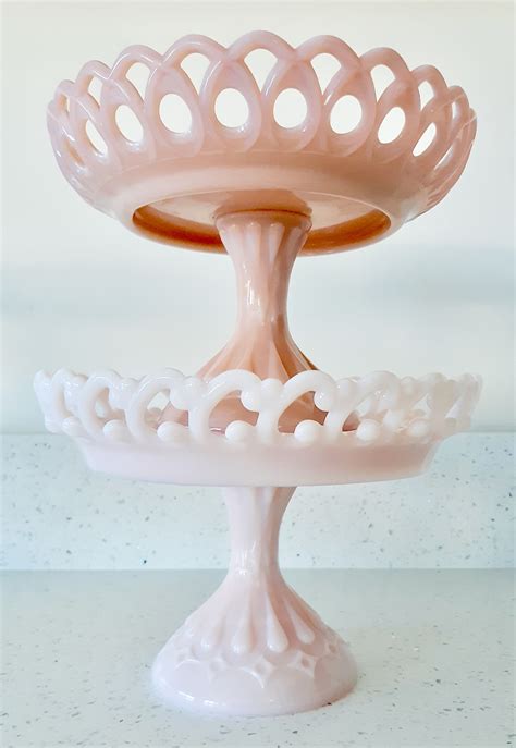 Pink Fentons Lacy Edge Milk Glass Cake Stand