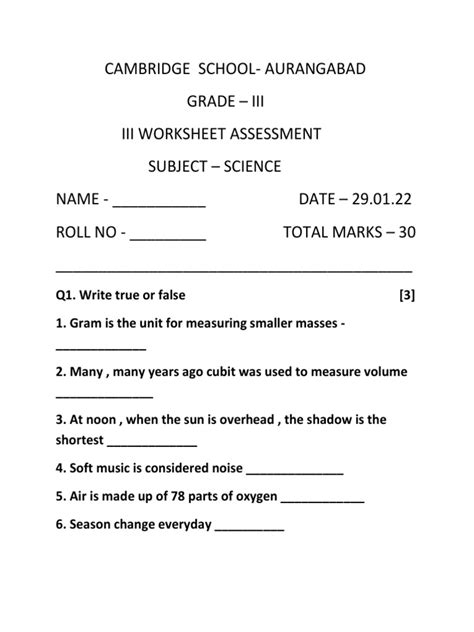 Cambridge School Grade 3 Science Paper 3rd Worksheet Pdf Metrology Physical Quantities