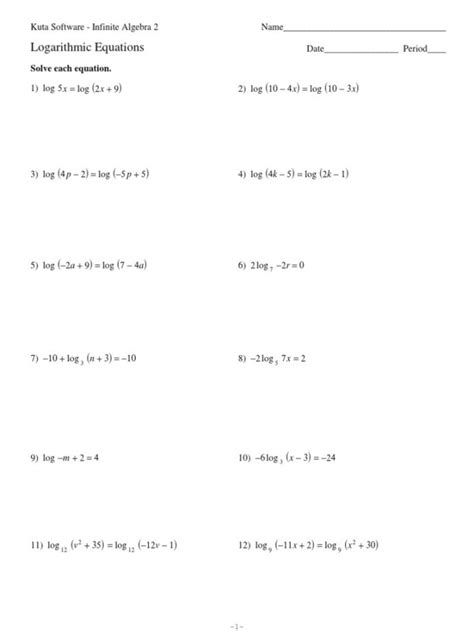 Solving Logarithmic Equations Worksheet Pdf Printable PDF Template