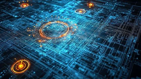 Abstract Digital Circuitry With Glowing Orange Nodes And Blue Lines Perfect For Tech Ai Data