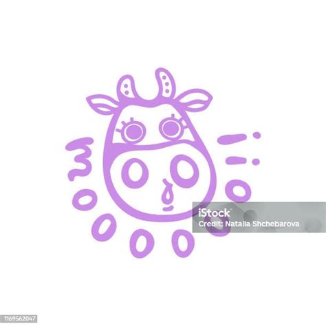 벡터 일러스트 라인 만화 Susprised 보라색 암소 얼굴입니다 손으로 그린 Moo 글자 패키지 포스터 라벨 디자인 배너