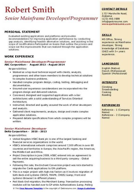 Senior Mainframe Developer Resume Samples Qwikresume