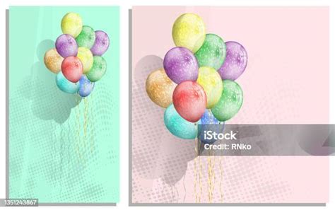 특별한 날을 장식하는 현실적인 풍선의 화환 직사각형 및 사각형 인사말 카드 배경에 생일 사실적인 색상 벡터 3차원 형태에 대한 스톡 벡터 아트 및 기타 이미지 Istock
