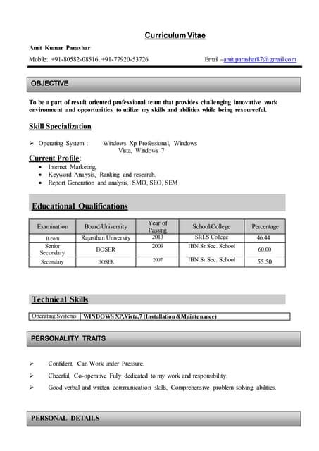 Cv For Amit Parashar Pdf