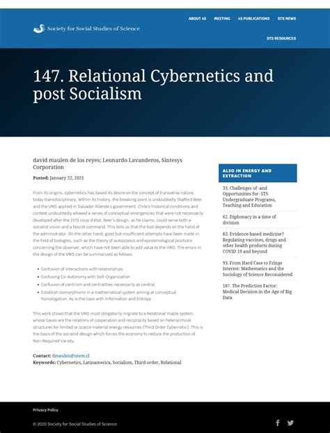 Call For Proposal Relational Cybernetics And Post Socialism 4s Colloquium… David F Maulén De