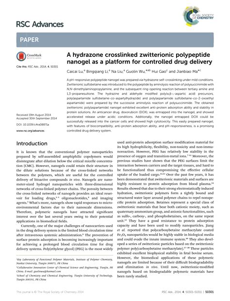 Pdf A Hydrazone Crosslinked Zwitterionic Polypeptide Nanogel As A Platform For Controlled Drug