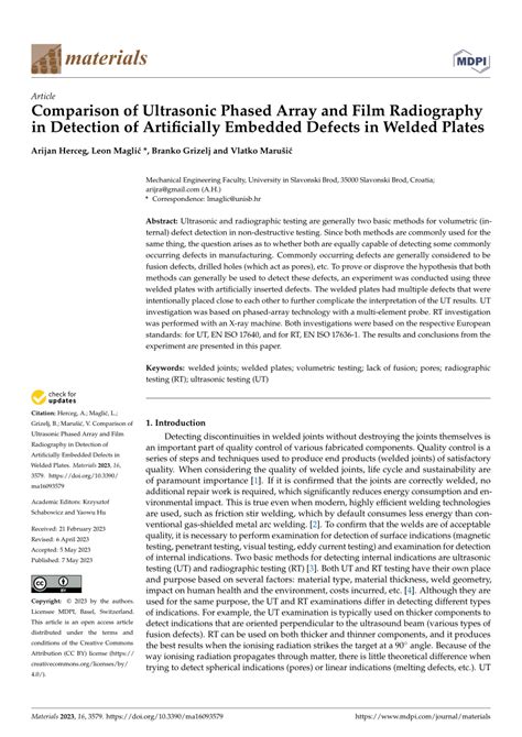 PDF Comparison Of Ultrasonic Phased Array And Film Radiography In Detection Of Artificially