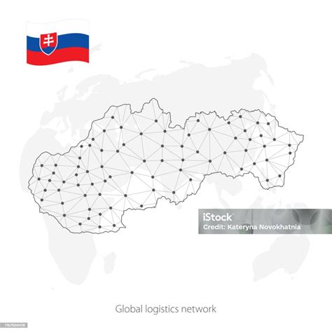 글로벌 물류 네트워크 개념 통신 네트워크는 세계 배경에 슬로바키아지도 다각형 스타일과 플래그 노드슬로바키아의지도 벡터 일러스트 레이션 Eps10 슬로바키아에 대한 스톡 벡터