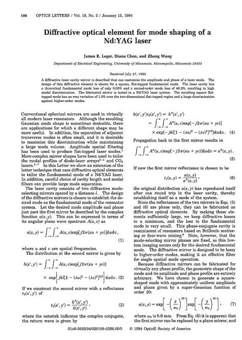 Pdf Diffractive Optical Element For Mode Shaping Of A Ndyag Laser