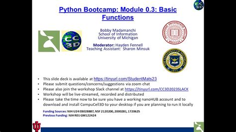 Cc3d Ws 03 Python Bootcamp Dictionaries Functions Scope Modules July 31 2023 Youtube