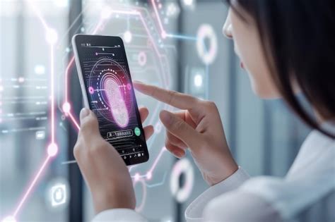 woman using smartphone with holographic interface representing