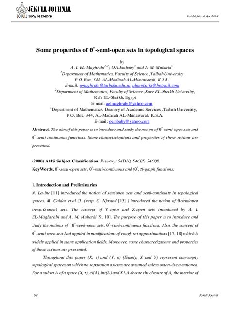 Pdf Some Properties Of θ θ θ θ Semi Open Sets In Topological Spaces