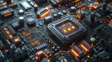 A Close Up Of A Circuit Board Featuring Intricate Components And Glowing Elements Stock