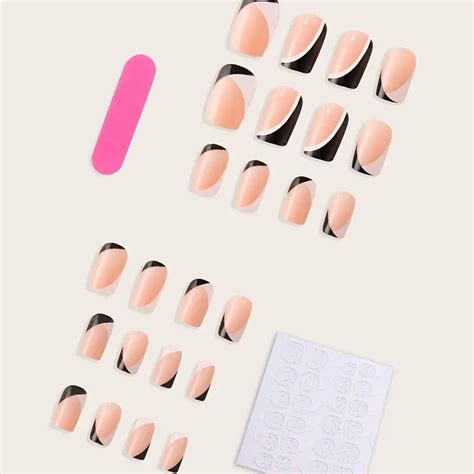 짧은 관 거짓 손톱 흑백 스트립 디자인의 정사각형 가짜 손톱 손톱에 누르기 여성과 소녀를위한 광택 아크릴 손 Temu