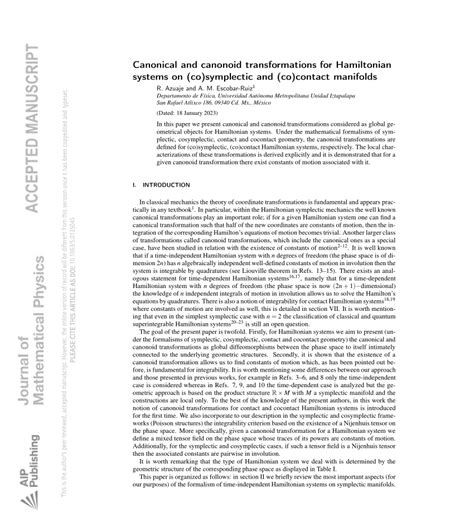 Pdf Canonical And Canonoid Transformations For Hamiltonian Systems On Cosymplectic And Co
