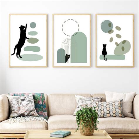 Sage Green Art Cat Wall Decor Prints Posters Veterinary Art Set Of 3