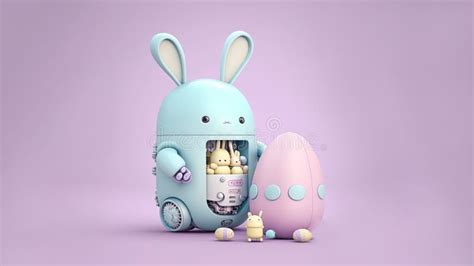 Robotic Rabbit Characters With Eggs On Pink Background Stock